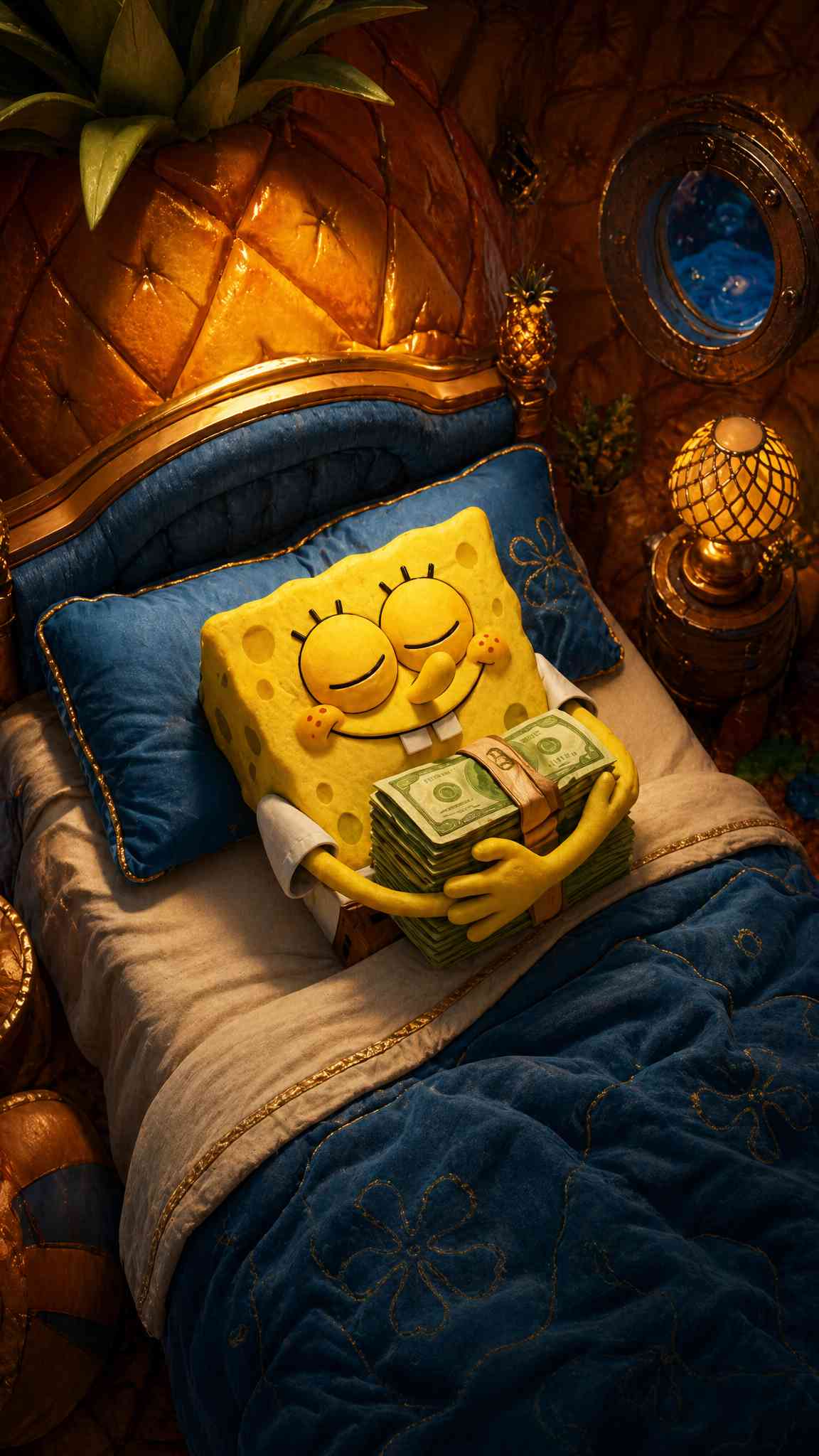 Spongebob Sleeping with Money 4K Wallpaper | Pineapple House Lock Screen
