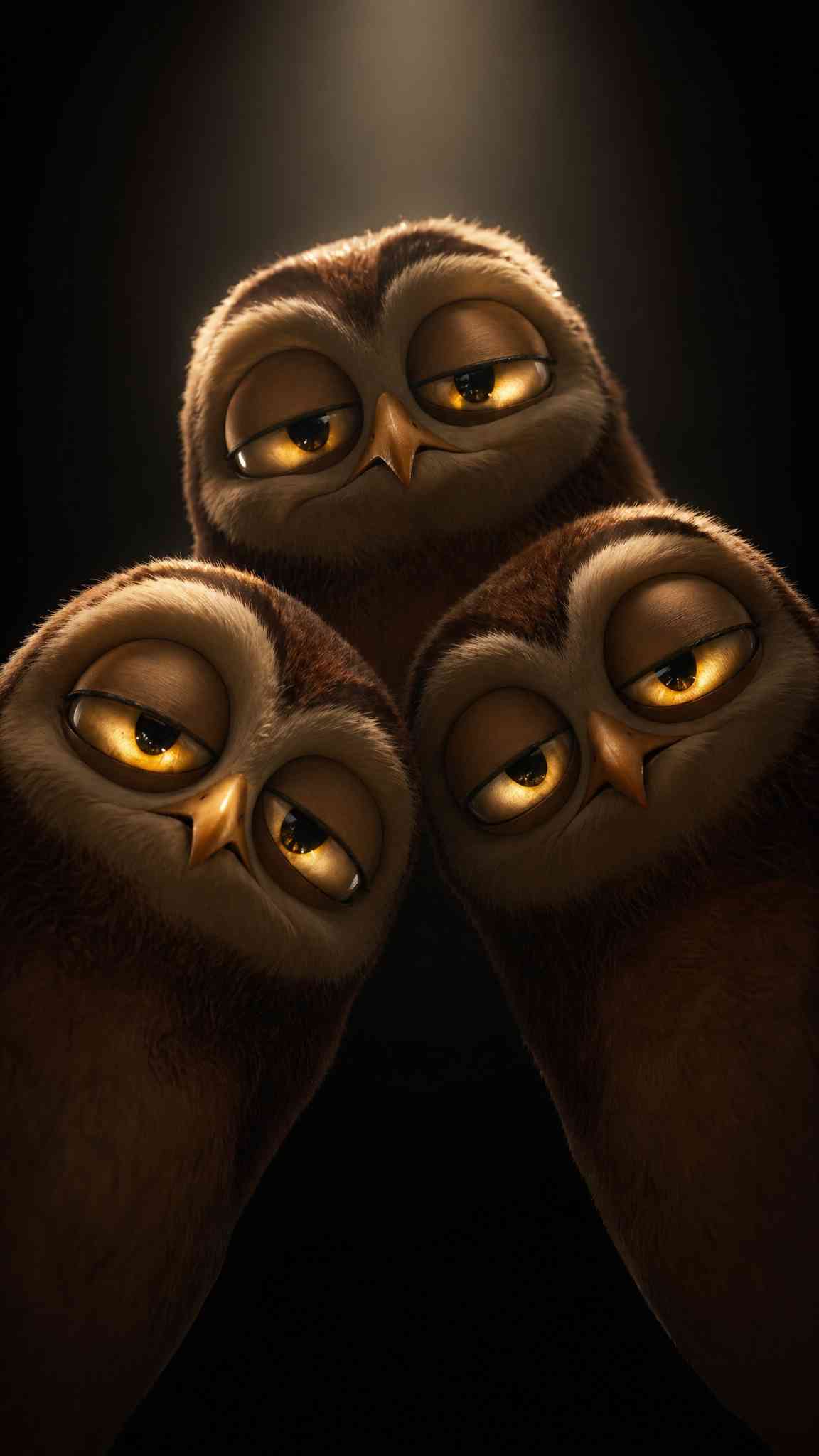 Three Animated Owls 4K Wallpaper | Cute Glowing Eyes Phone Background