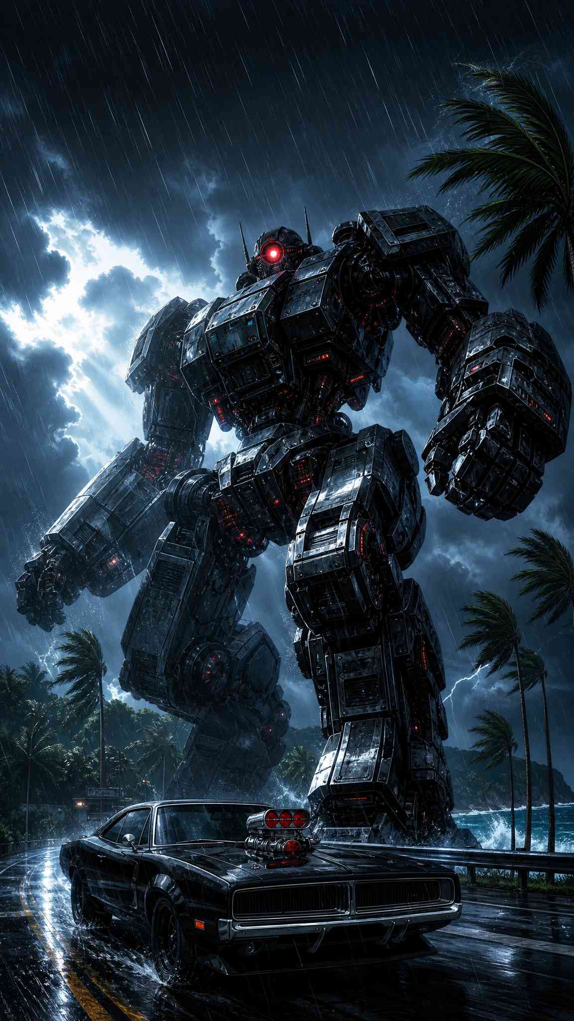 Giant Mecha & Muscle Car Stormy Night - 4K Wallpaper | LiCoWa